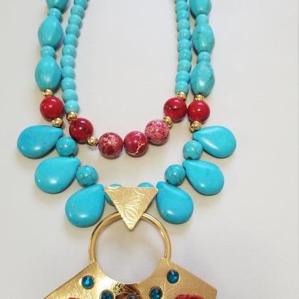 Handmade Turquoise Necklace And Earrings Double Gold Plated In 24k Gold ...