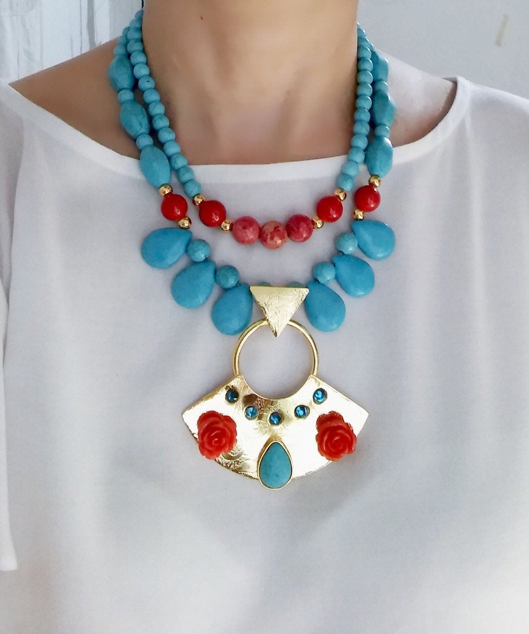 Handmade Turquoise Necklace And Earrings Double Gold Plated In 24k Gold ...